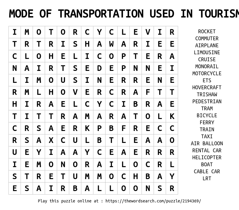 Download Word Search on MODE OF TRANSPORTATION USED IN TOURISM