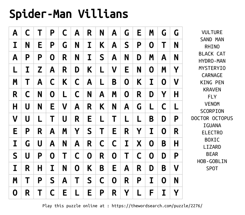 Download Word Search On Spider Man Villians Download Word Search On Spider Man Villians