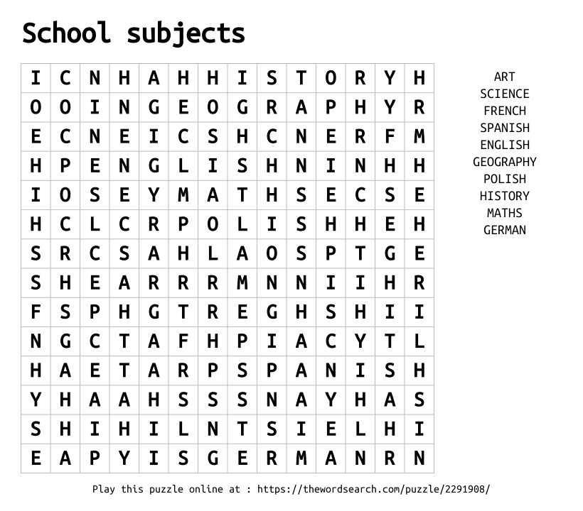 School Subjects Word Search School Subjects Word Search