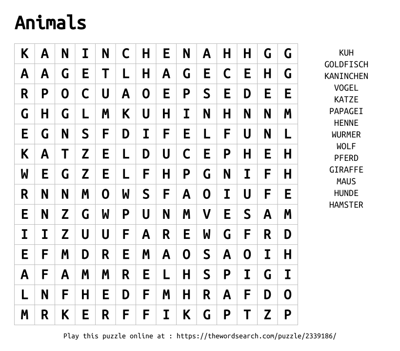 Animals Word Search