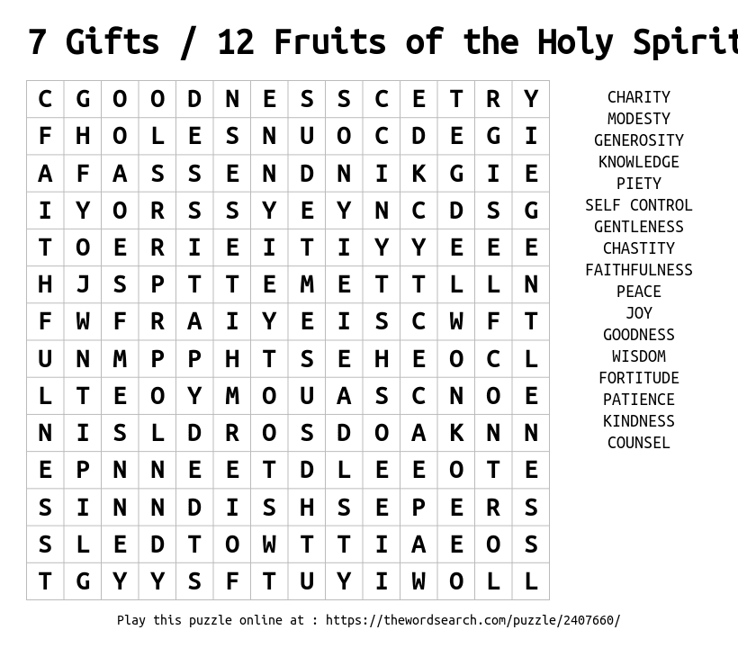 Download Word Search on 7 Gifts / 12 Fruits of the Holy Spirit