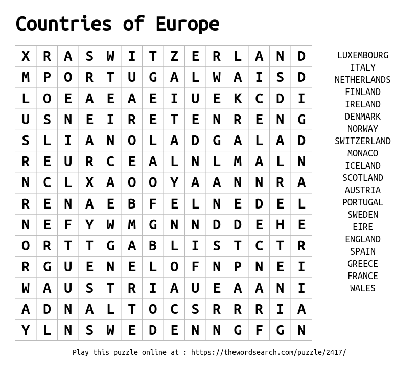 Download Word Search On Countries Of Europe