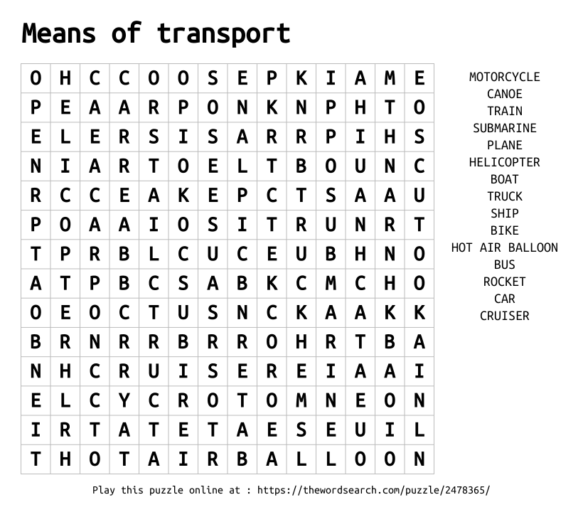 Means of transport Word Search