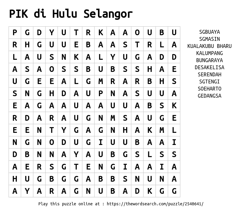 PIK di Hulu Selangor Word Search