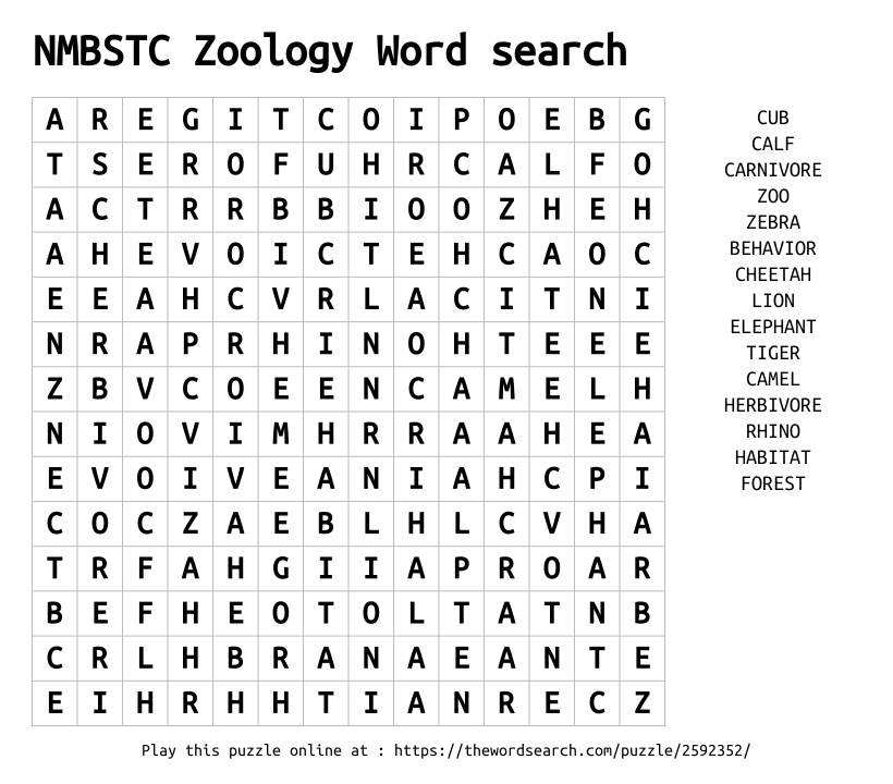 NMBSTC Zoology Word Search Word Search