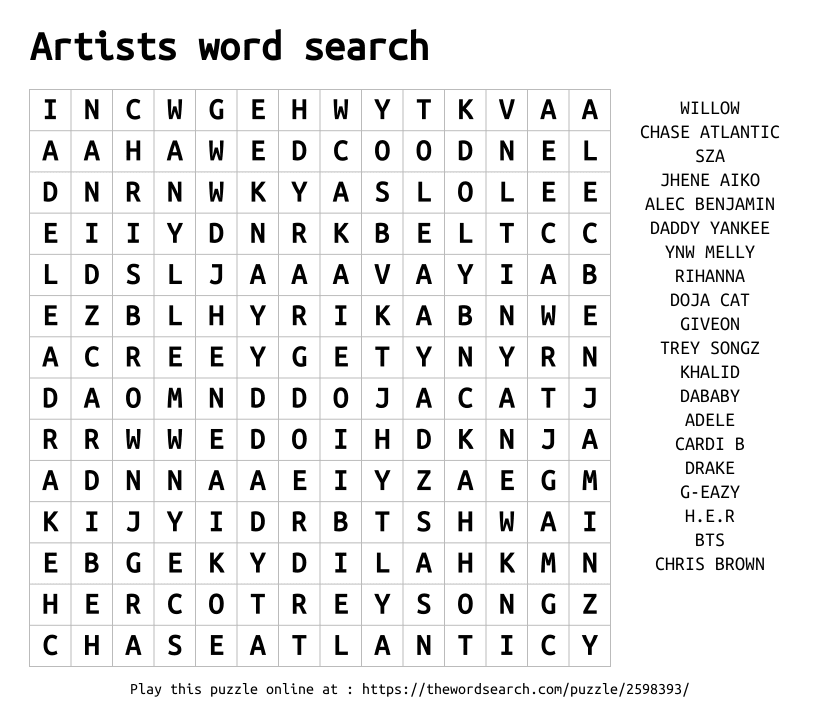 Download Word Search On Artists Word Search Download Word Search On Artists Word Search