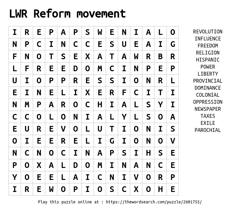 LWR Reform movement Word Search