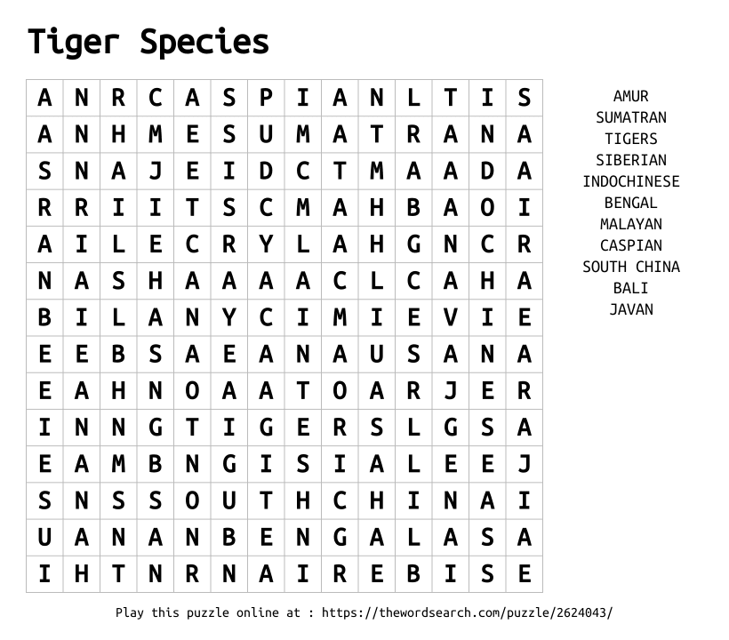 Tiger Species Word Search
