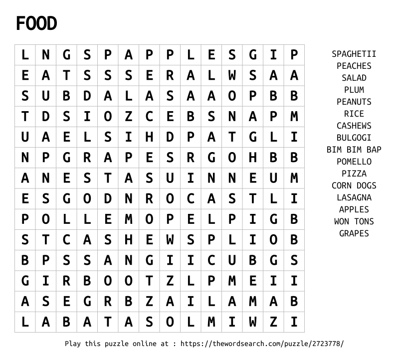 Download Word Search On FOOD