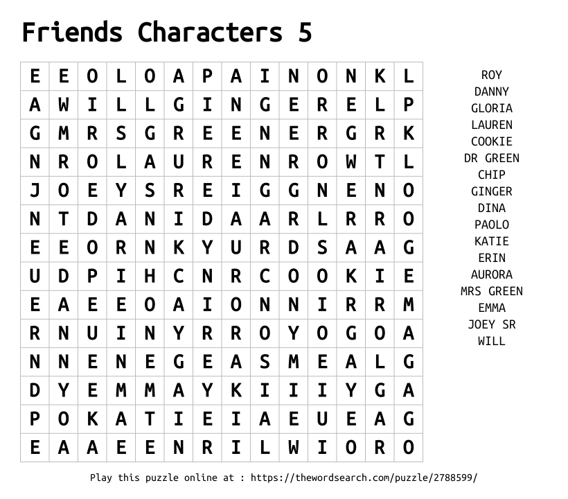 Friends Characters 5 Word Search