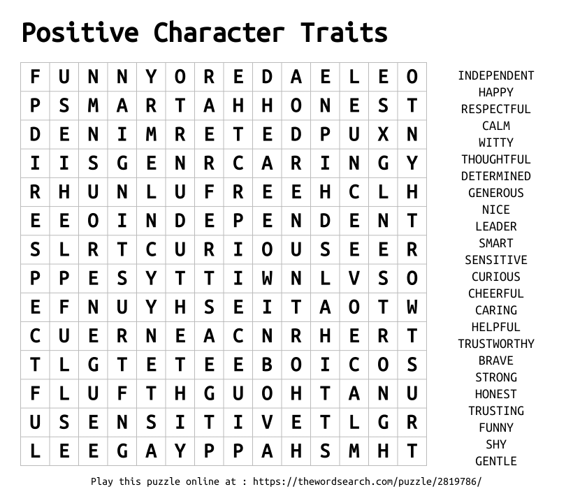 Download Word Search On Positive Character Traits