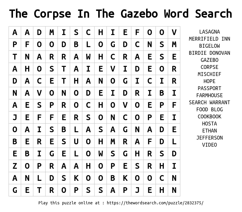 Download Word Search on The Corpse In The Gazebo Word Search