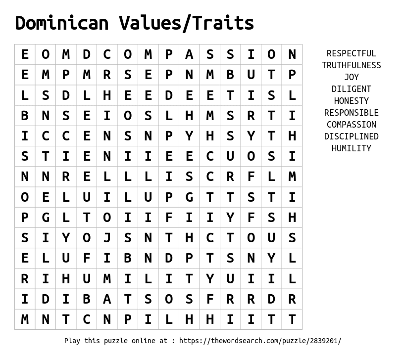 Download Word Search on Dominican Values/Traits