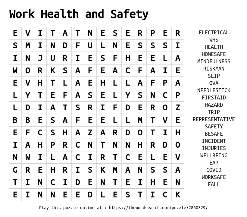 Download Word Search on Work Health and Safety