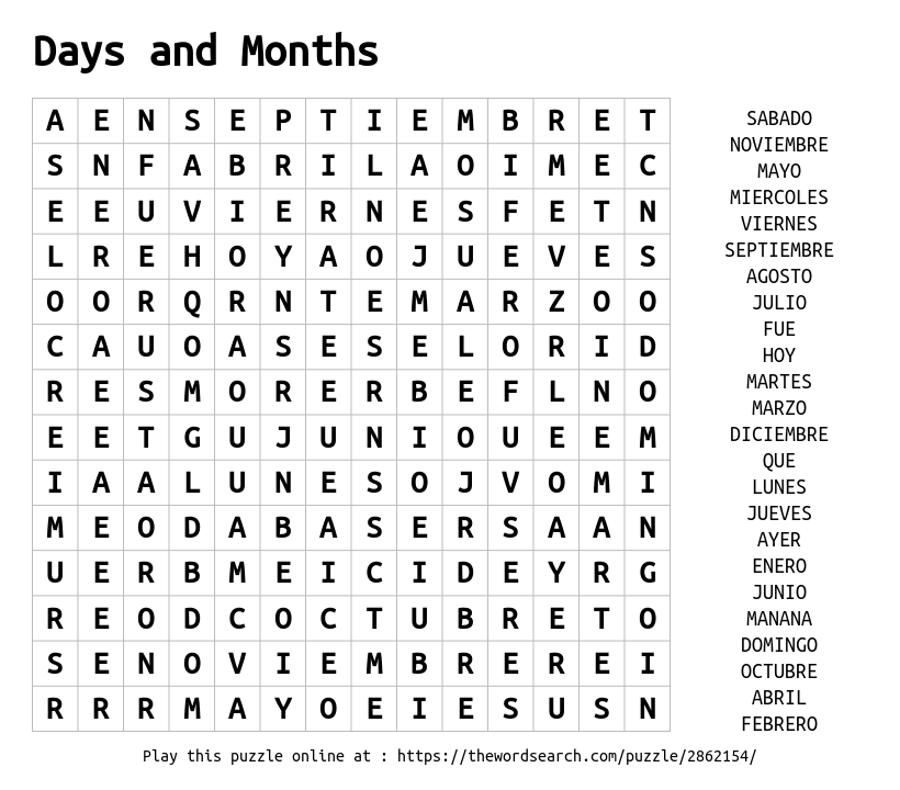 Download Word Search on Days and Months