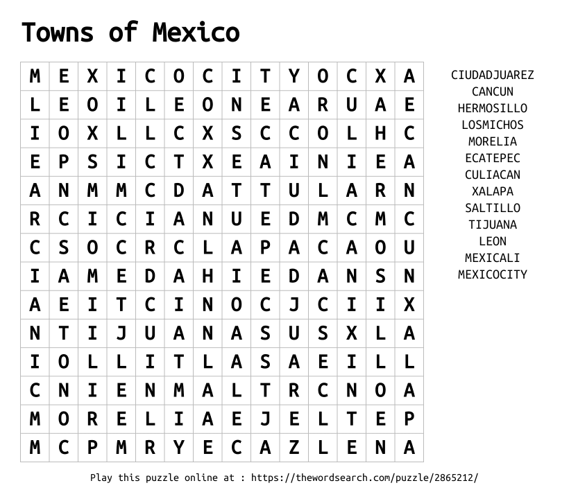 Towns of Mexico Word Search