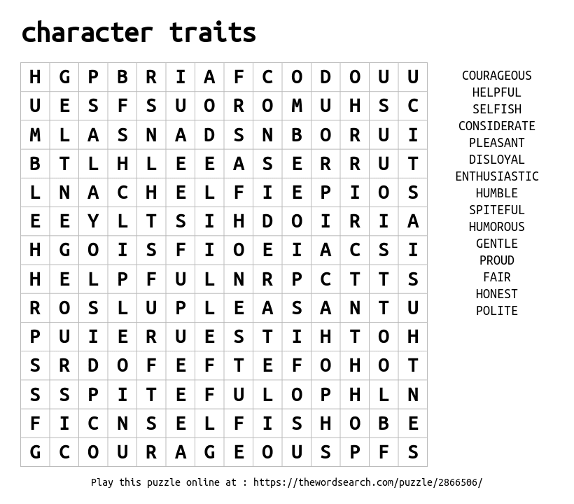 Download Word Search on character traits