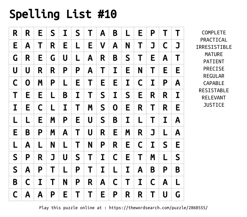 Download Word Search on Spelling List #10