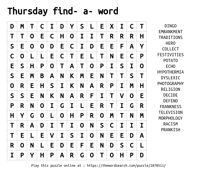 Thursday find- a- word Word Search