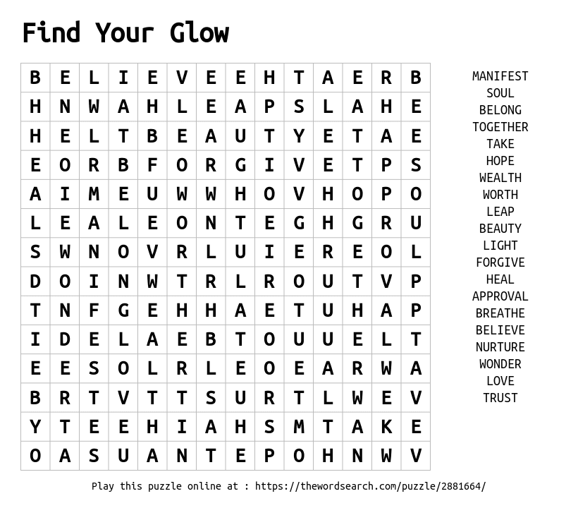 Find Your Glow Word Search