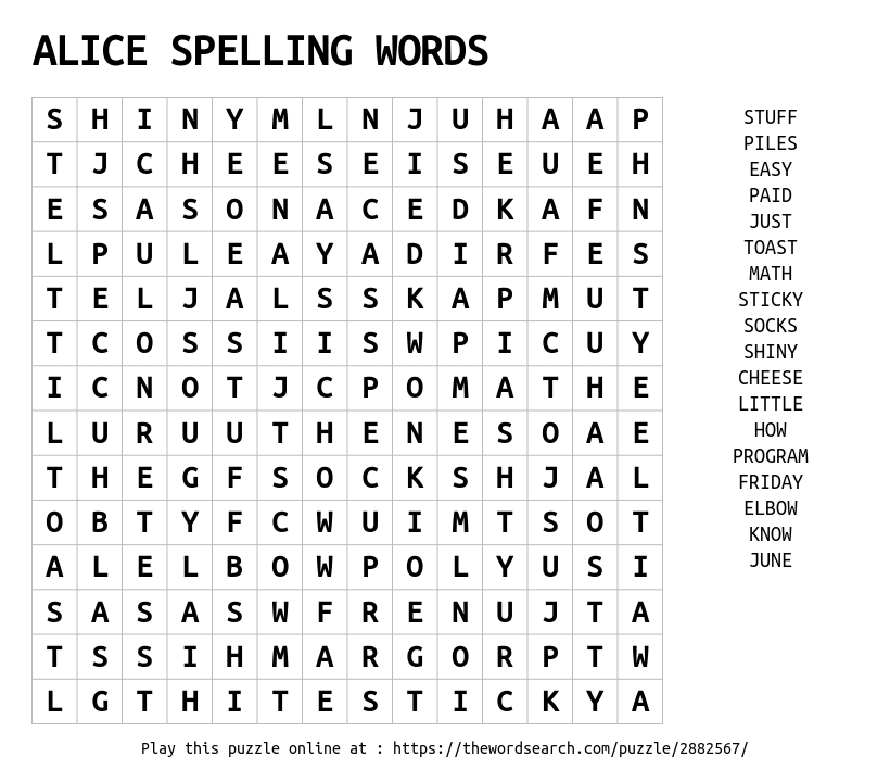ALICE SPELLING WORDS Word Search