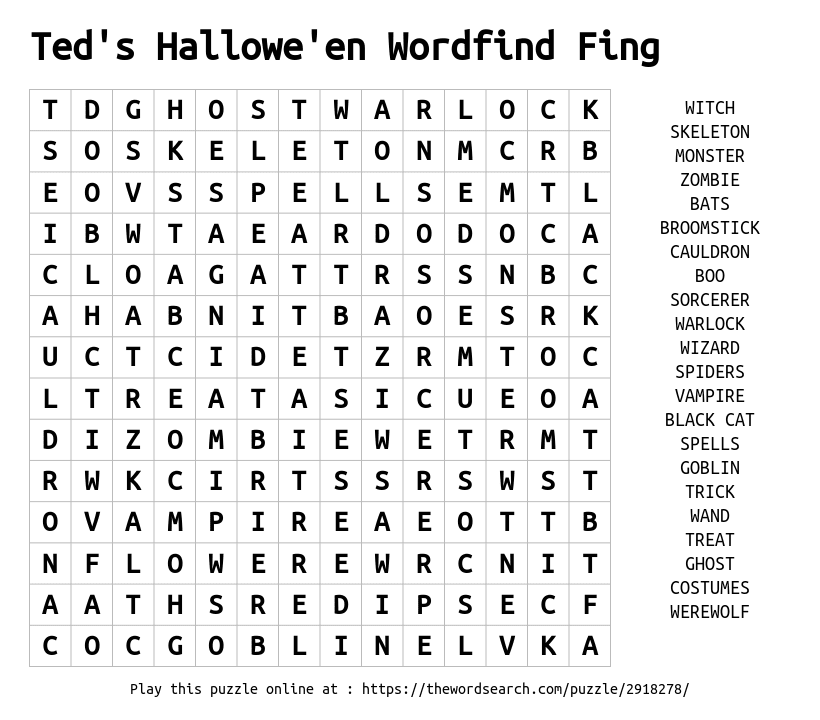 Ted's Hallowe'en Wordfind Fing Word Search