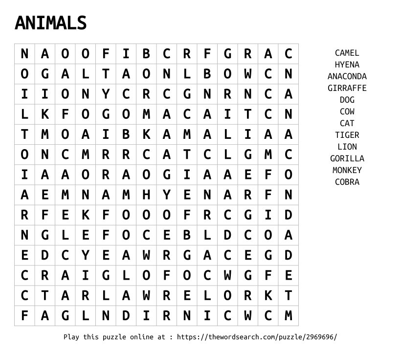 ANIMALS Word Search