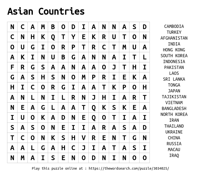 Download Word Search on Asian Countries