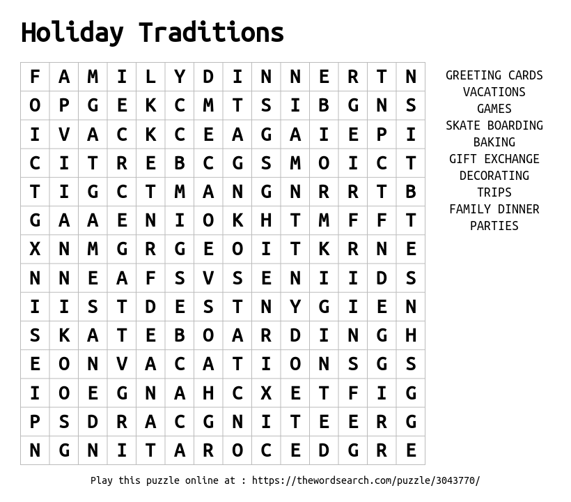 Holiday Traditions Word Search