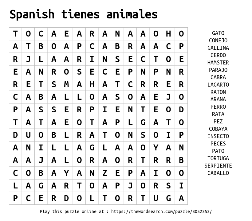 Spanish tienes animales Word Search