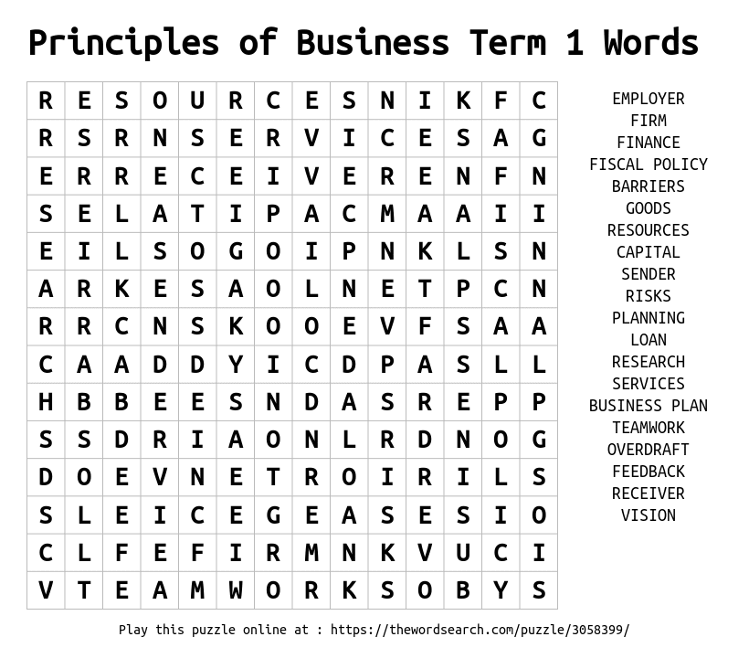 Download Word Search on Principles of Business Term 1 Words
