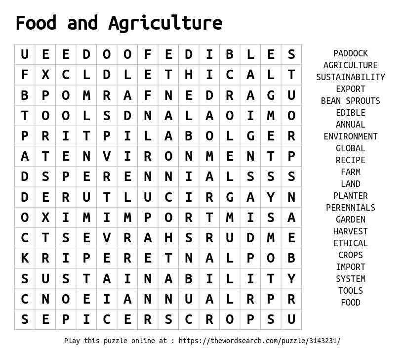 Download Word Search on Food and Agriculture