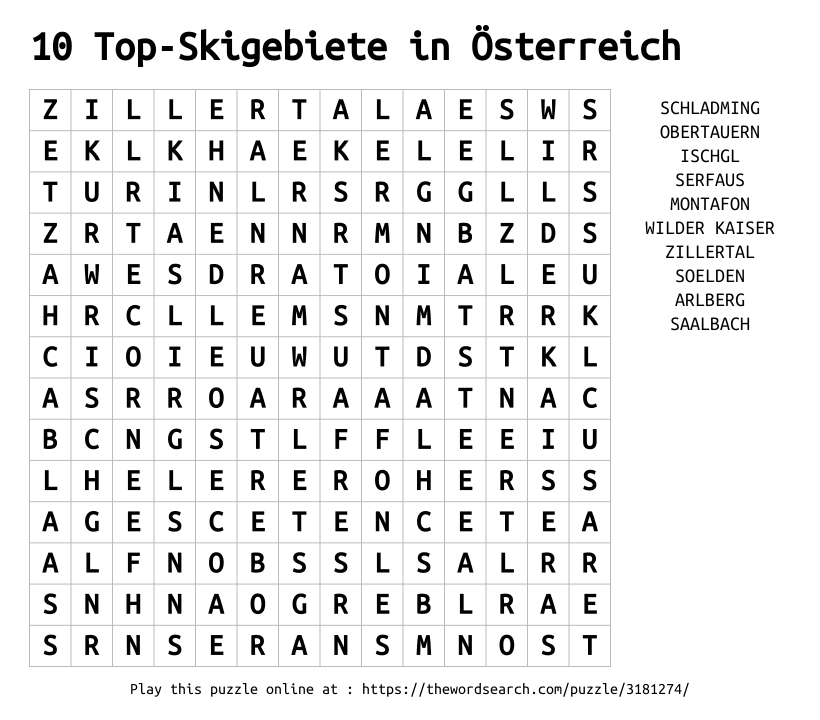 10 Top-Skigebiete in Österreich Word Search