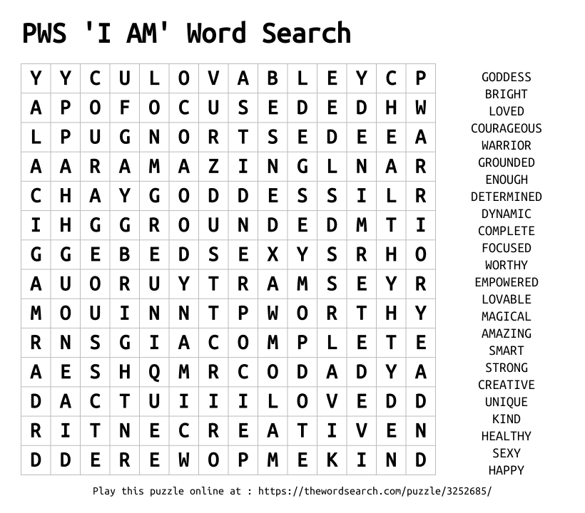 Download Word Search on PWS 'I AM' Word Search