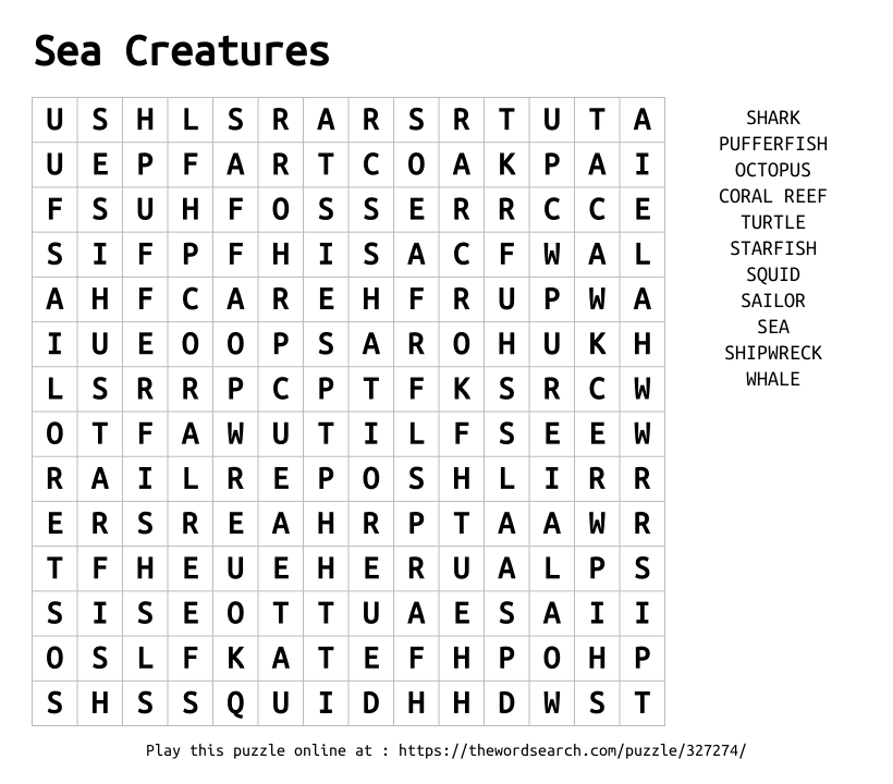 Download Word Search On Sea Creatures Download Word Search On Sea Creatures