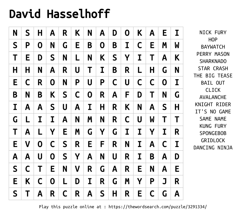Download Word Search on David Hasselhoff
