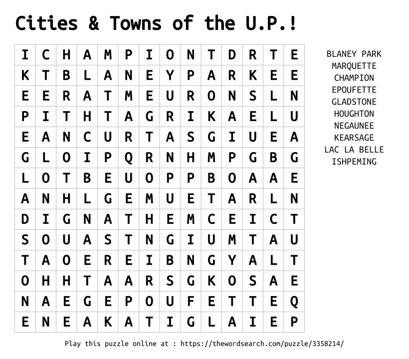 Download Word Search on Cities & Towns of the U.P.!