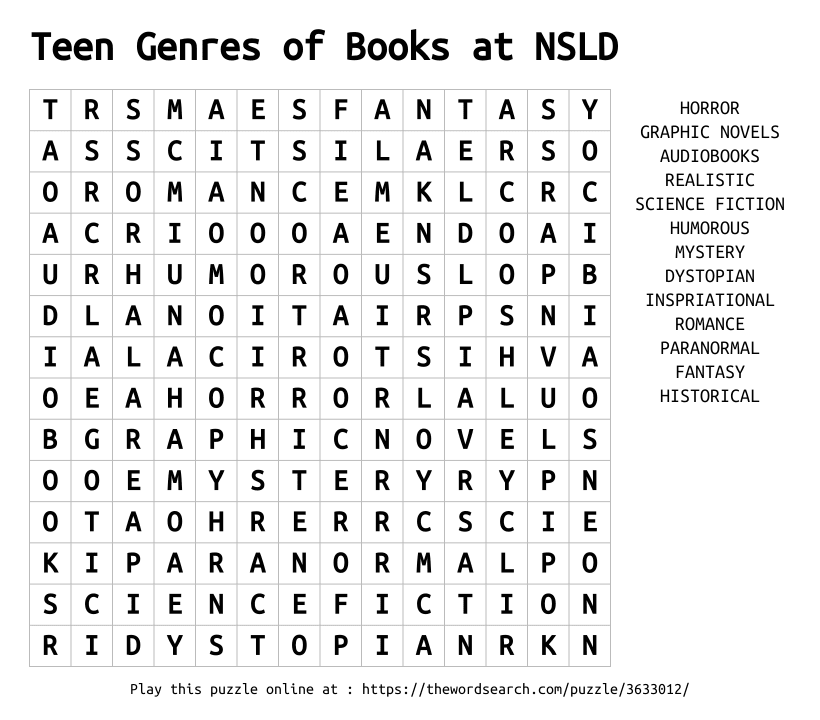Download Word Search on Teen Genres of Books at NSLD