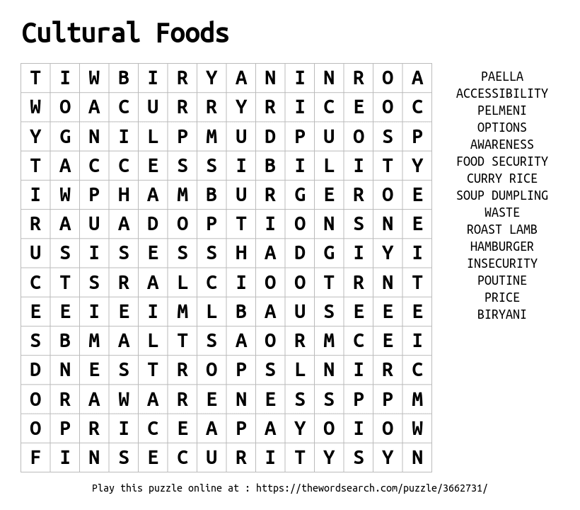 Cultural Foods Word Search