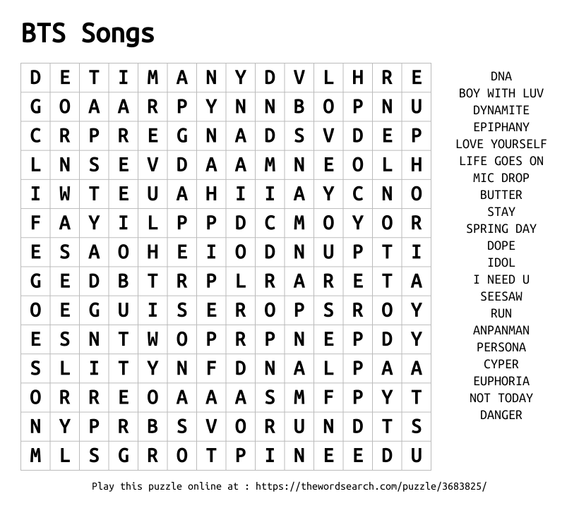 Download Word Search on BTS Songs