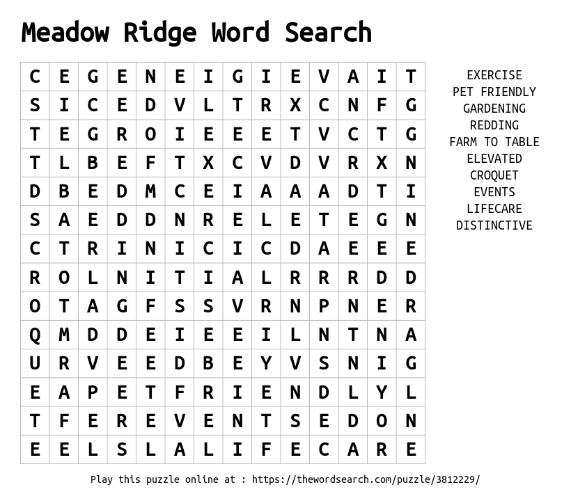 Meadow Ridge Word Search Word Search
