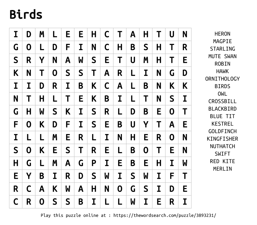 Download Word Search on Birds