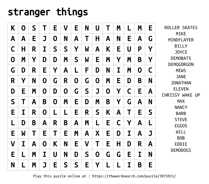 stranger things Word Search