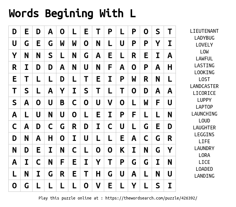 Download Word Search on Words Begining With L