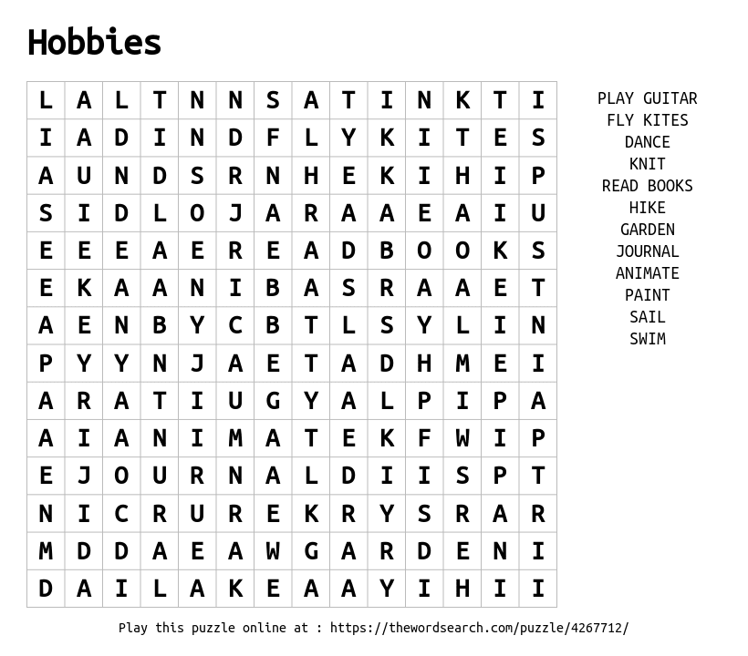 Download Word Search on Hobbies