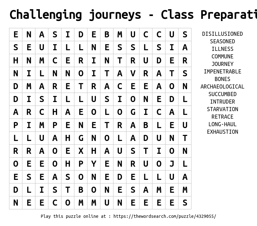 Download Word Search on Challenging journeys - Class Preparation