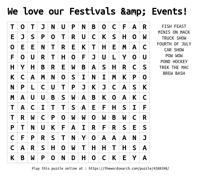 Download Word Search on We love our Festivals & Events!