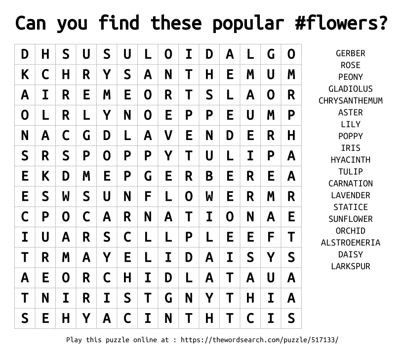 Can You Find These Popular flowers Word Search