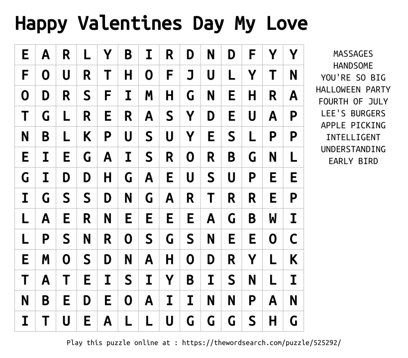 Happy Valentines Day My Love Word Search Happy Valentines Day My Love Word Search