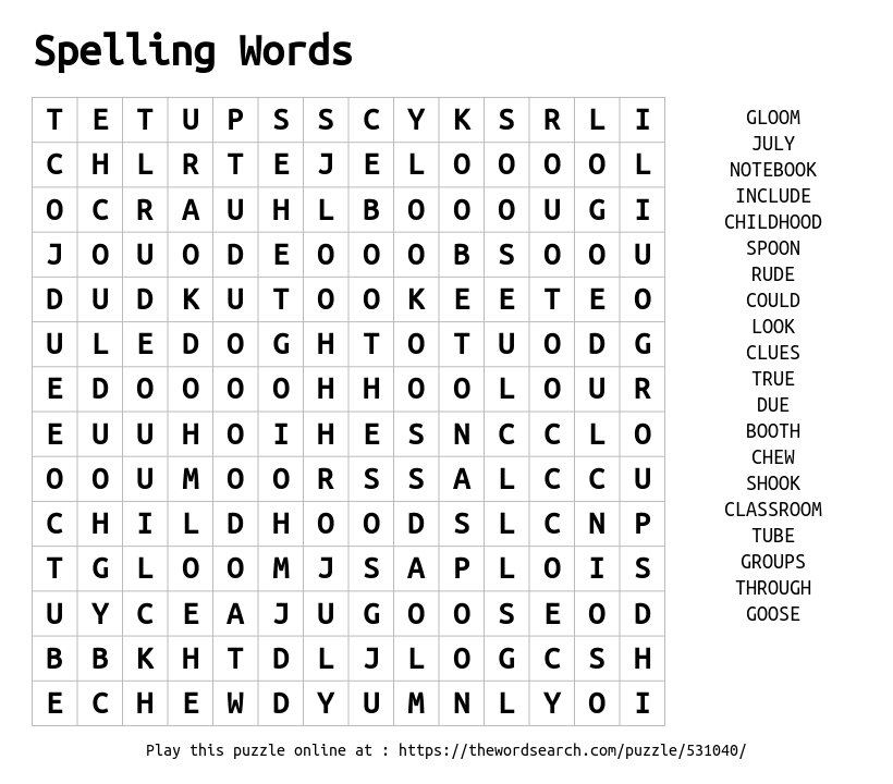 Spelling Words Word Search